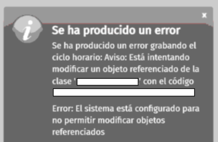 Error: El sistema está configurado para no permitir modificar objetos referenciados
