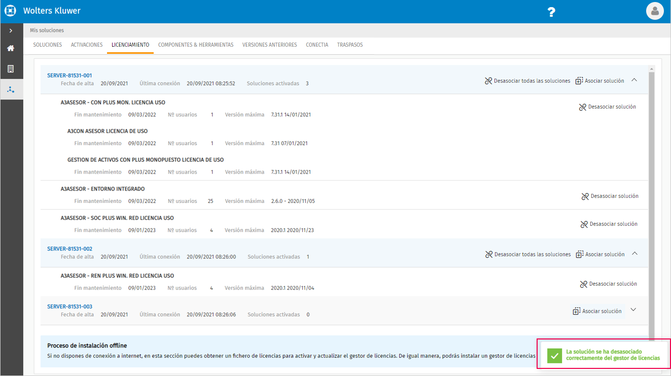 Proceso para asociar y/o desasociar soluciones a un gestor de licencias