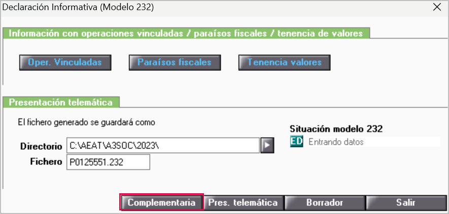 Modelo 232. Entrada de datos presentación telemática y listados