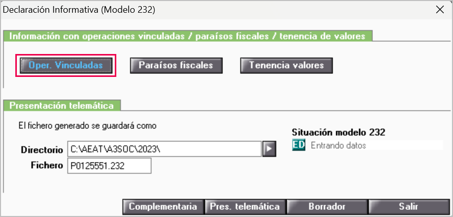 Modelo 232. Entrada de datos presentación telemática y listados
