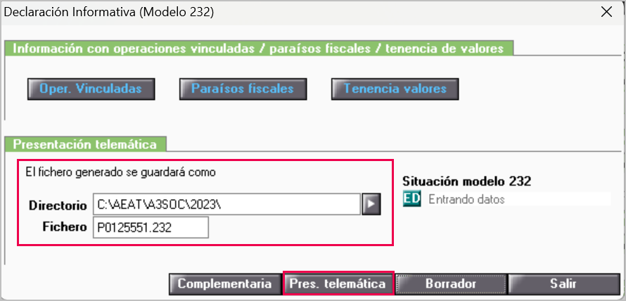 Modelo 232. Entrada de datos presentación telemática y listados