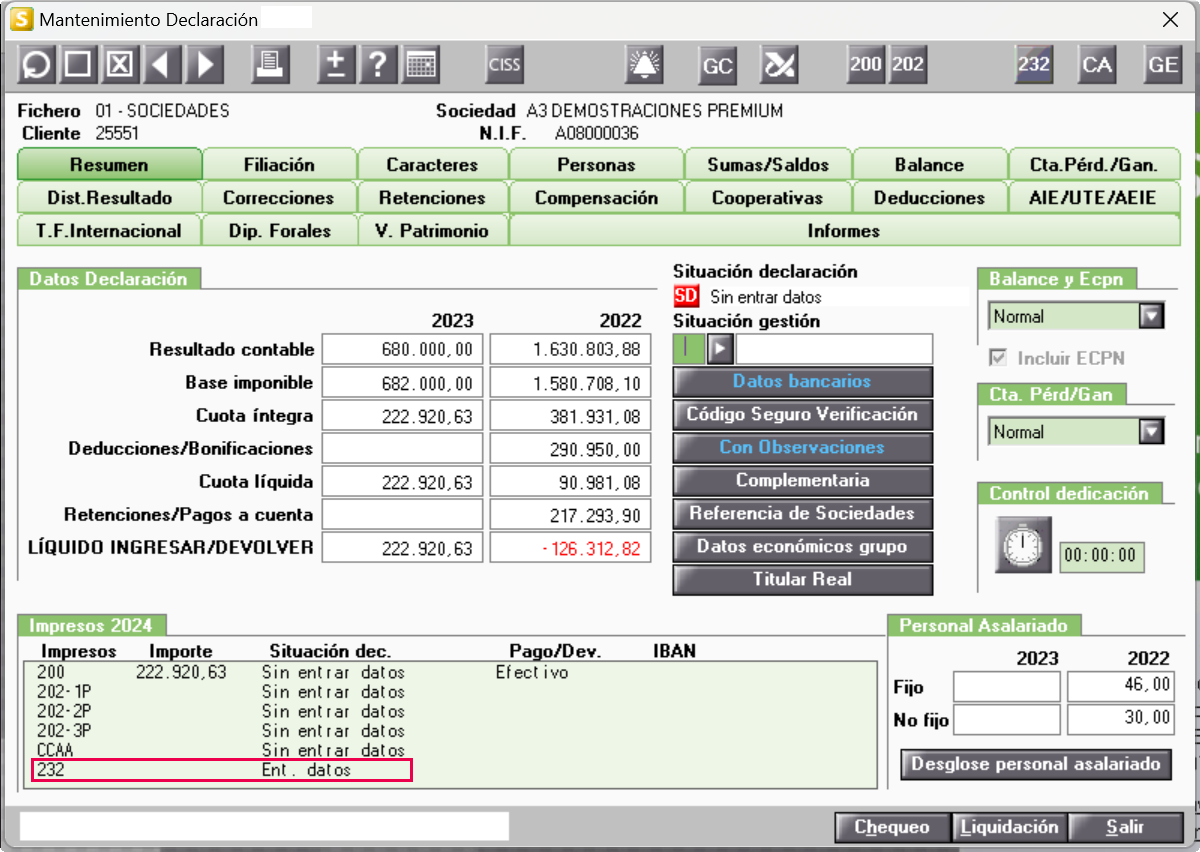 Modelo 232. Entrada de datos presentación telemática y listados