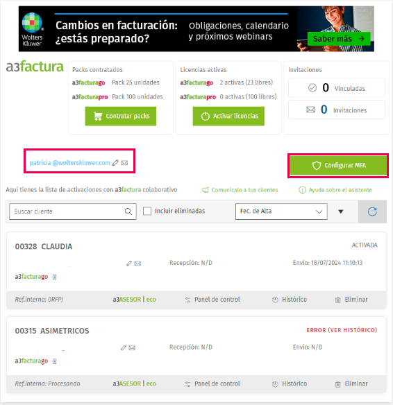 Configurar doble sistema de autenticación (MFA) en a3factura