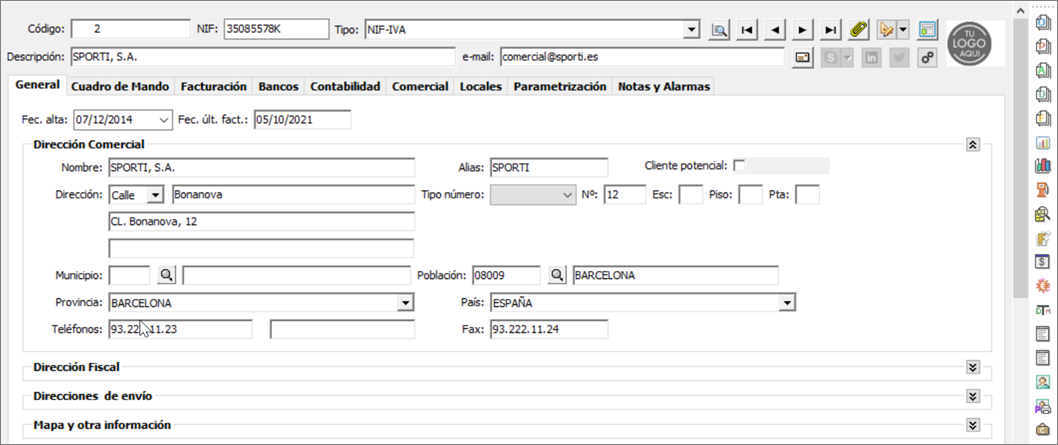 Fichero de Clientes: Datos requeridos y pestañas disponibles