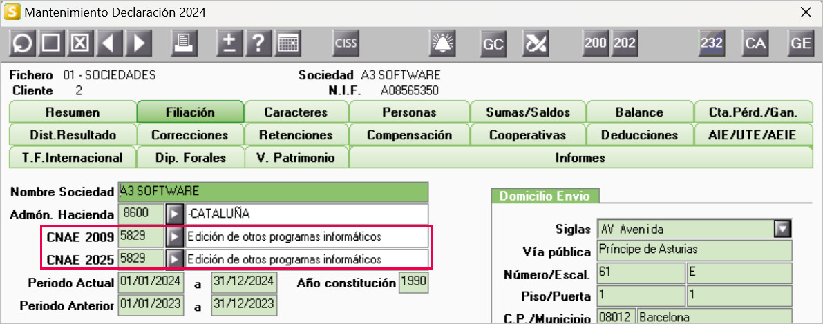Cómo informar el CNAE 2025 en a3asesor Soc